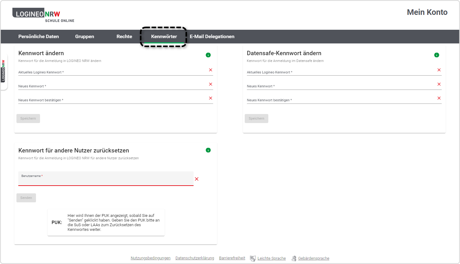 Reiter "Kennwörter": Allgemein | Netzwerk-Moodle